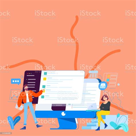 데스크톱 컴퓨터를 사용하여 서로 작업을 수행하는 데 도움이되는 커플 드로잉 남자는 테이블이있는 큰 모니터 화면을 가리키며 레이디가 작업을 끝내도록 도와줍니다 개발에 대한