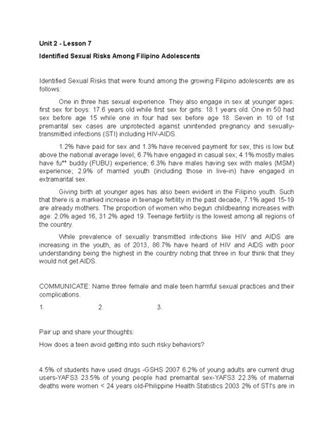 Identified Sexual Risks Among Filipino Adolescents Unit 2 Lesson 7 Identified Sexual Risks