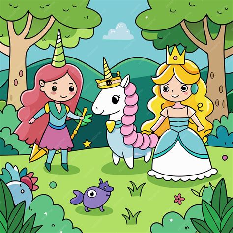 유니콘과 함께 공주와 공주들의 만화 일러스트레이션 프리미엄 Ai 생성 벡터