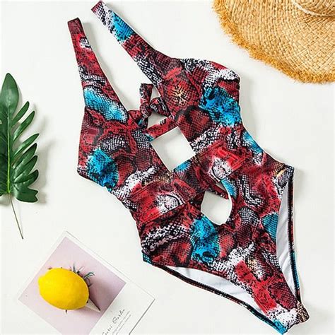 Sexy One Piece Snake Print Trikini High Cut Bandage Swimsuit For Women