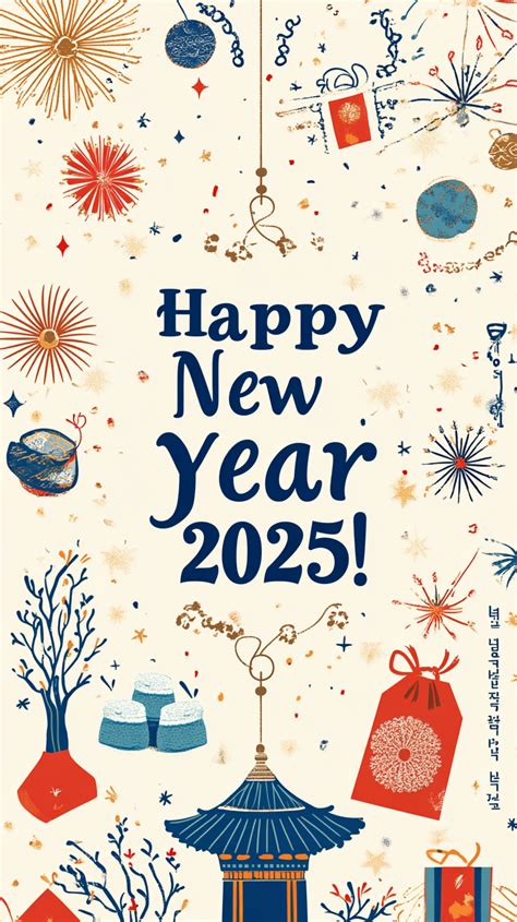 2025년 새해를 맞아 한국의 전통적인 요소와 현대적인 감각이 조화를 이루는 인사 카드 디자인 배경은 화려한 색감의 불꽃놀이와 함께 새해를 축하하는 분위기로 가득 차