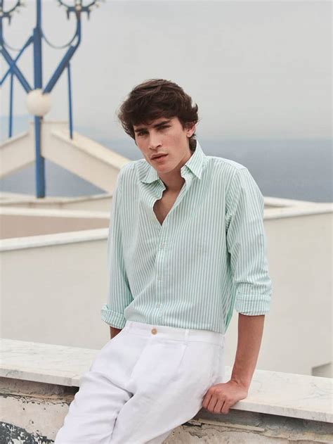 Mens Bright White Pants With Striped Light Green Shirt White Pants