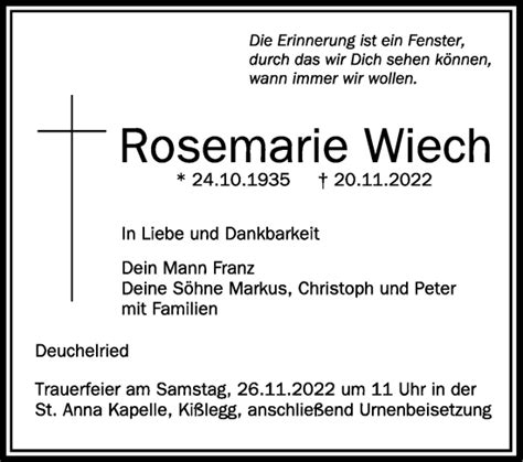 Traueranzeigen Von Rosemarie Wiech Schwaebische De Trauerportal