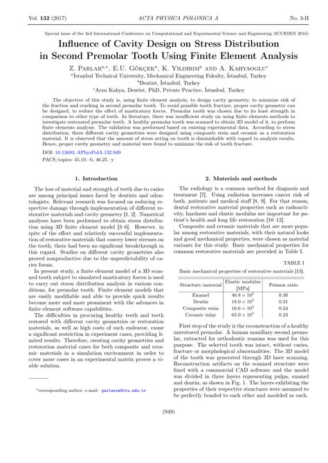 Pdf Influence Of Cavity Design On Stress Distribution In Second Premolar Tooth Using Finite