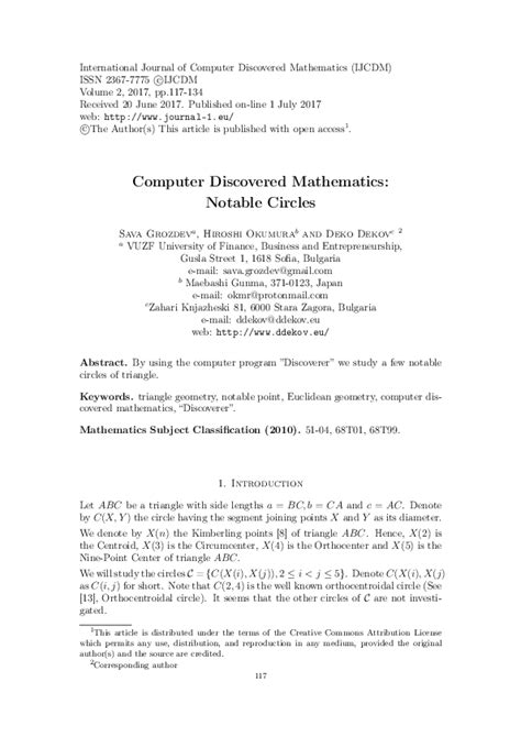 Pdf Computer Discovered Mathematics Notable Circles