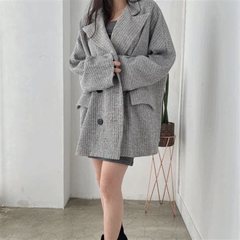 빅사이즈 슬라브 정장 카라 오버핏 자켓 더블 버튼 여성 겨울 코트 에이블리