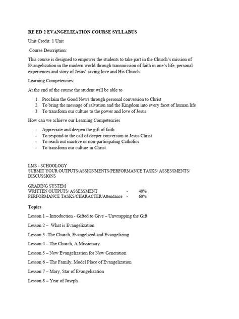 Re Ed 2 Evangelization Syllabus Pdf