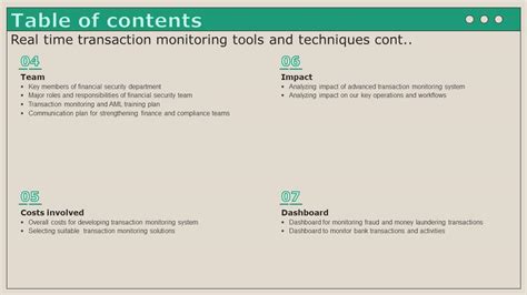 Table Of Contents Real Time Transaction Monitoring Tools And Techniques Ppt Show Example Ppt Sample