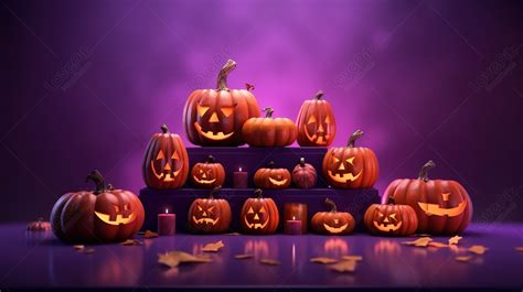 으스스한 할로윈 연단과 보라색 호박 디스플레이를 갖춘 3d 전통 10월 축하 행사 연단 배경 만화 유령 배경 전통 배경 이미지 Hd 연단 만화 유령 전통 배경