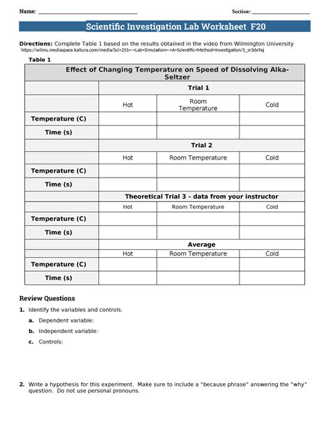 1 F20 Scientifc Investigation Worksheet Name Section Scientific