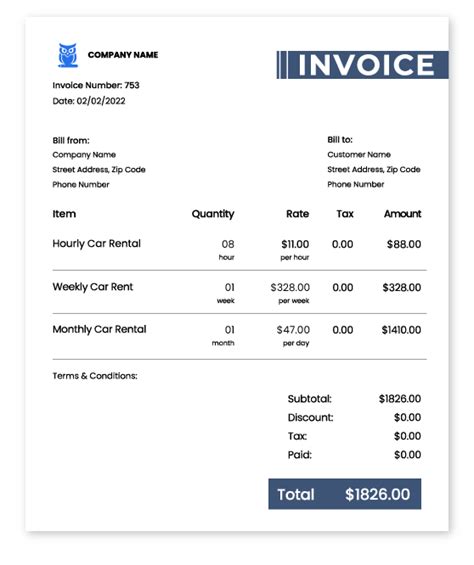 Printable Generic Invoice Template Excel
