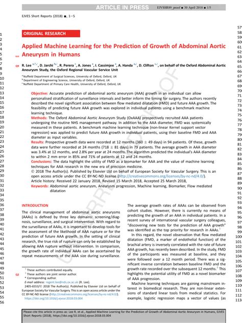 Applied Machine Learning For The Prediction Of Growth Of Abdominal Aortic Aneurysm In Humans Pdf