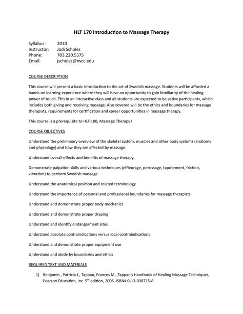 Syllabus For The Course Intro To Massage Therapy Hlt 170