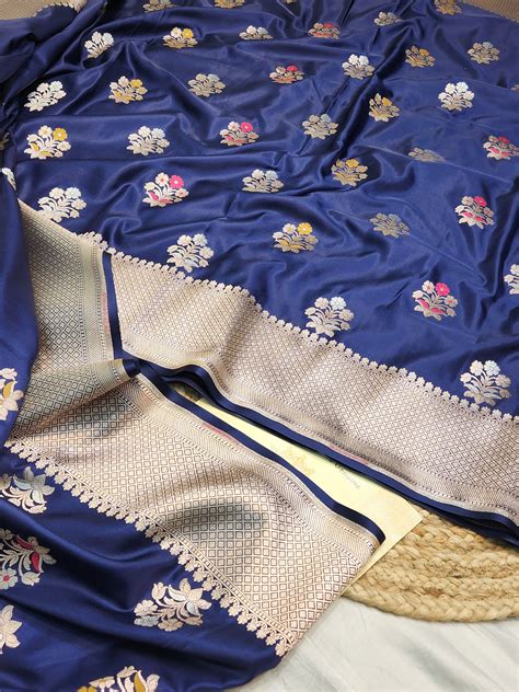 Navy Blue Mashru Silk Banarasi Saree With Meena Bootas Kala Kashi