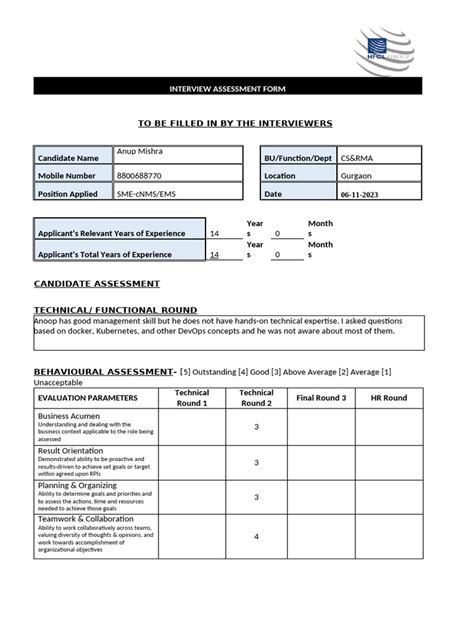 Interview Assessment Sheet Anup Pdf Learning Psychology
