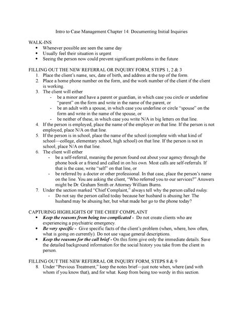 Intro To Case Management Chapter Place The Name Sex Date Of Birth And Address At The Top