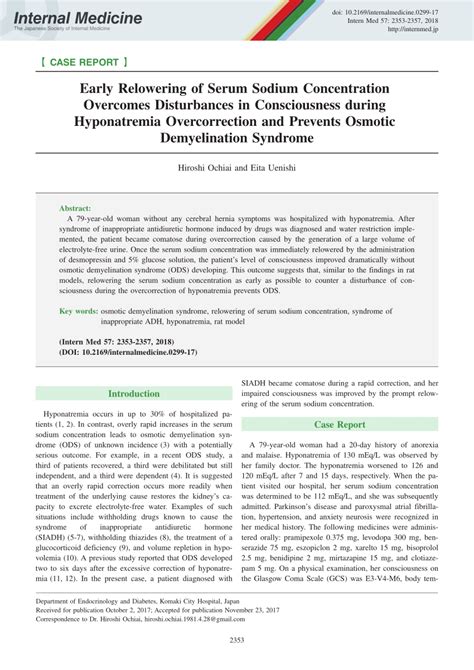 Pdf Early Relowering Of Serum Sodium Concentration Overcomes Disturbances In Consciousness