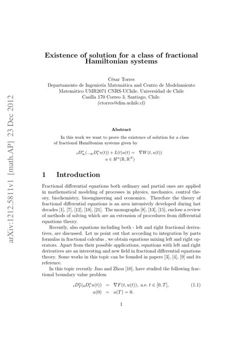 Pdf Existence Of Solution For A Class Of Fractional Hamiltonian Systems