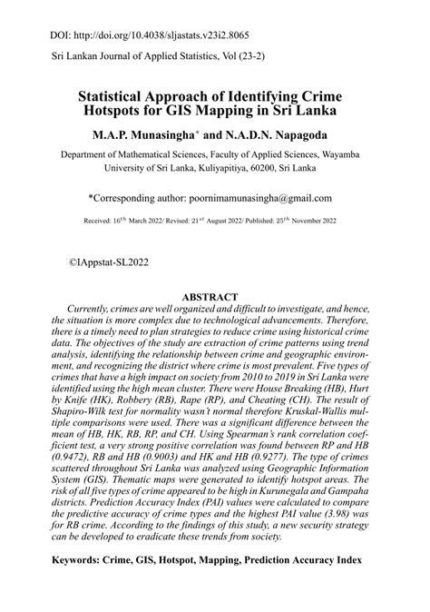 Pdf Statistical Approach Of Identifying Crime Hotspots For Gis