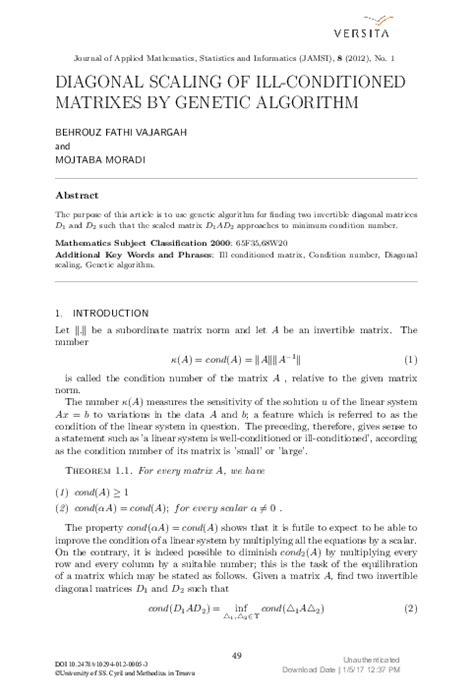 Pdf Diagonal Scaling Of Ill Conditioned Matrixes By Genetic Algorithm