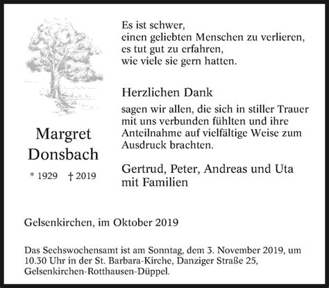Traueranzeigen Von Margret Donsbach Trauer In Nrw De