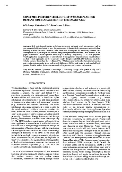Pdf Consumer Preference Electricity Usage Plan For Demand Side Management In The Smart Grid