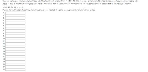 solved suppose we have an init ally empty hash table with 11