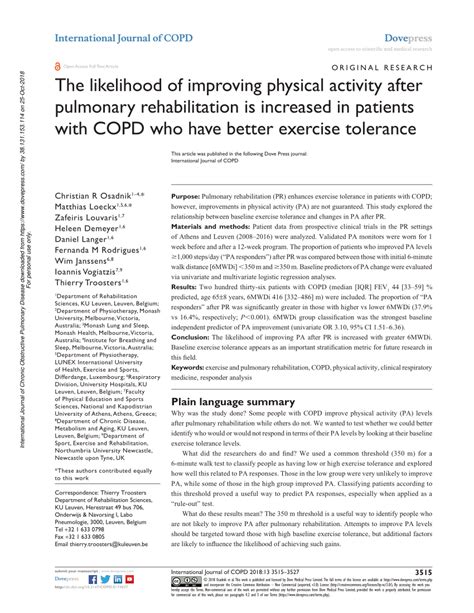 Pdf The Likelihood Of Improving Physical Activity After Pulmonary