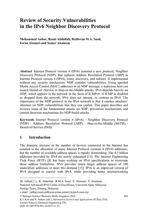 Pdf Review Of Security Vulnerabilities In The Ipv6 Neighbor Discovery Protocol