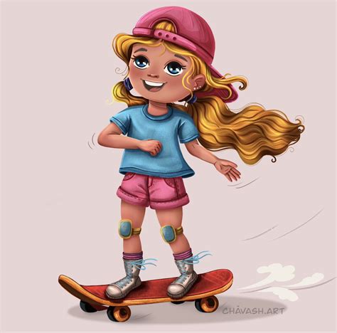 Иллюстрация Девочка на скейте в стиле детский книжная графика