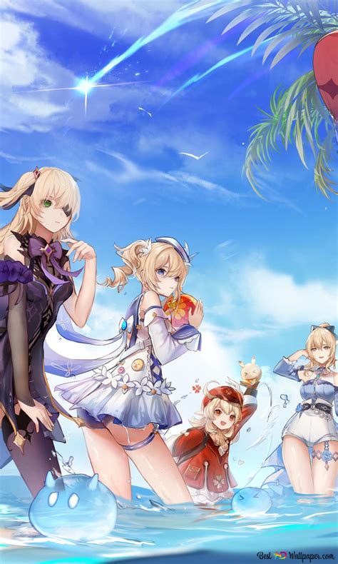 Genshin Female Heroes Beach Fun Genshin Impact 4k Wallpaper Download