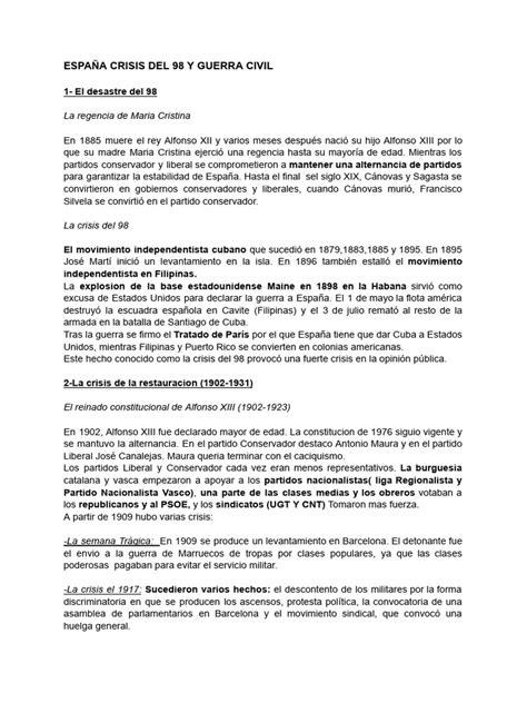 EspaÑa Crisis Del 98 Y Guerra Civil Pdf