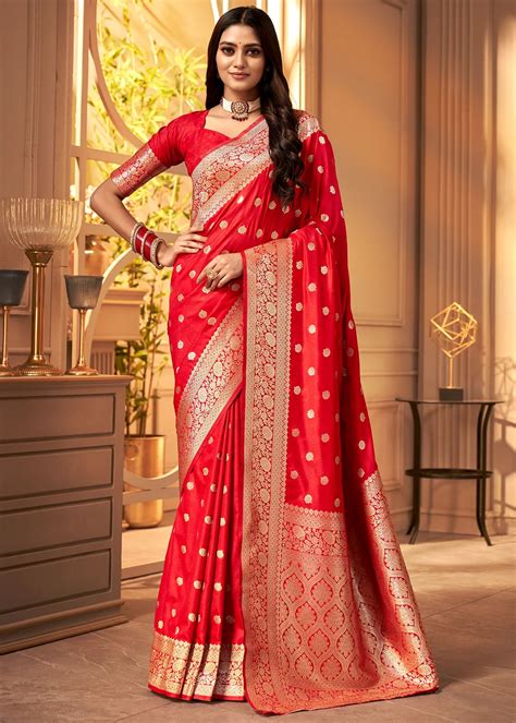 Bridal Red Banarasi Satin Silk Saree Urban Womania