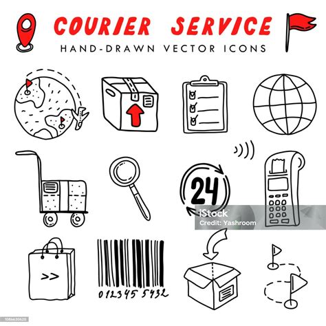 택배 서비스와 배달 배너 웹 및 디자인에 대 한 굵은 글자와 손으로 그린 벡터 아이콘 설정합니다 흰색 절연 스타일 빠른 배달 아이콘을 설명 합니다 개념에 대한 스톡 벡터