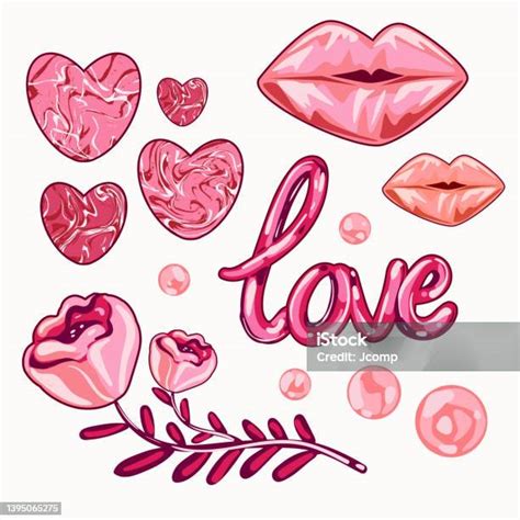 발렌타인 데이 세트 요소 입술 장미 사탕 등 스티커 키트 인사말 축하 초대장 플래너에 대한 템플릿 벡터 일러스트 레이 션 0명에 대한 스톡 벡터 아트 및 기타 이미지