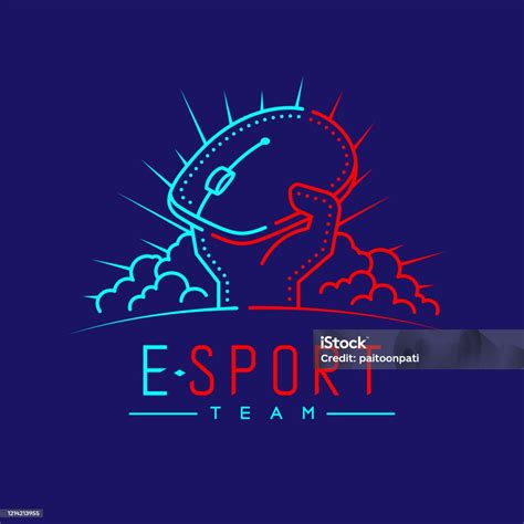 Esport 로고 아이콘 개요 스트로크 마우스 게이밍 기어 와 손 구름과 반경 디자인 일러스트 Esport 팀 텍스트와 복사 공간 벡터 Eps 10 어두운 파란색 배경에