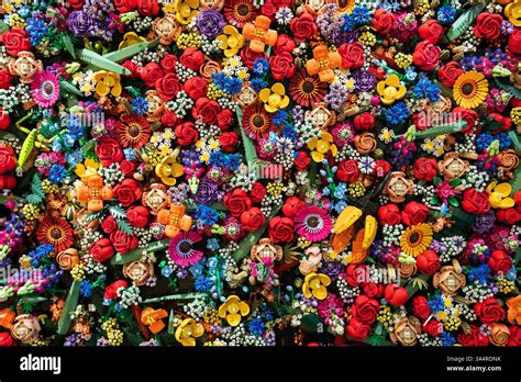 Colorful Lego Plastic Building Blocks Arranged In A Floral Pattern Creating A Vibrant And