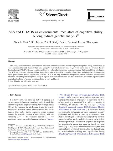 Ses And Chaos As Environmental Mediators Of Cognitive Ability A Longitudinal Genetic Analysis