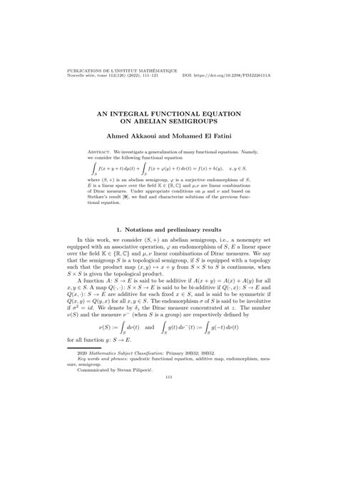 Pdf An Integral Functional Equation On Abelian Semigroups