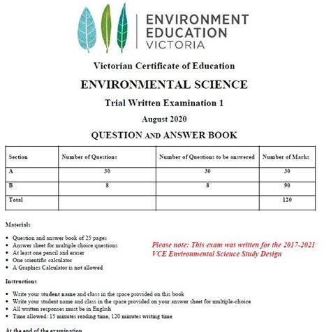 2019 Vce Environmental Science Practice Exam — Environment Education
