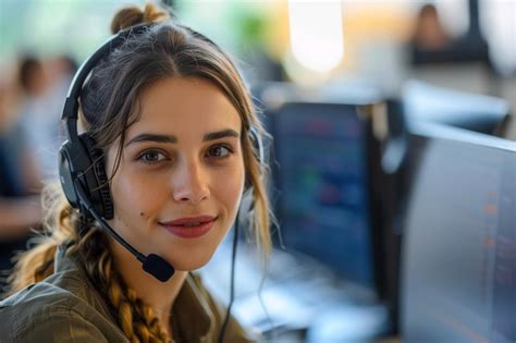 Premium Photo Woman Wearing Headset At Computer