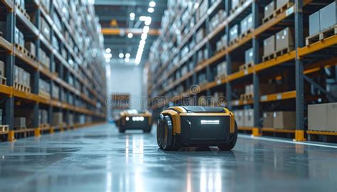 autonomous delivery robots navigating a modern warehouse with tall