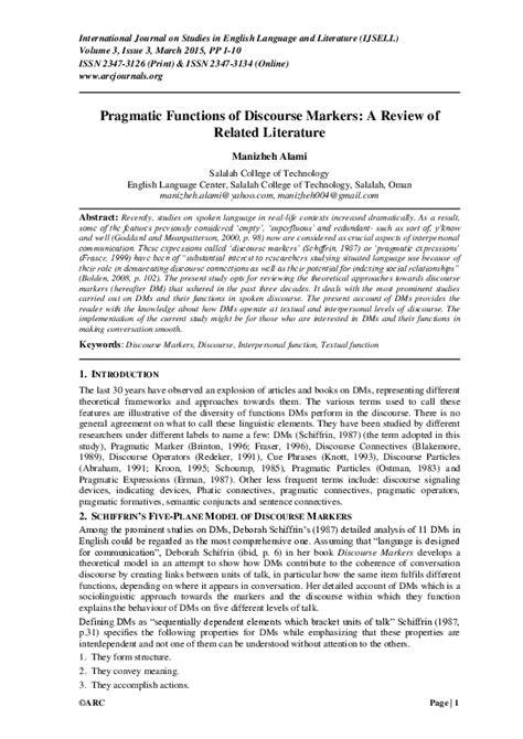 Pdf Pragmatic Functions Of Discourse Markers A Review Of Related