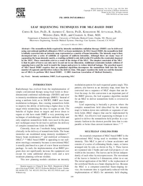 Pdf Leaf Sequencing Techniques For Mlc Based Imrt