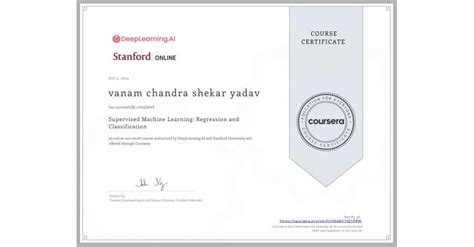 Completion Certificate For Supervised Machine Learning Regression And Classification Vanam