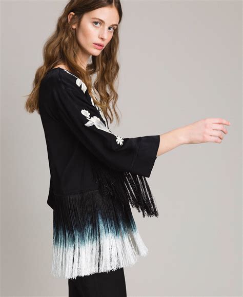 Floral Embroidery And Fringe Blouse Woman Black Twinset Milano