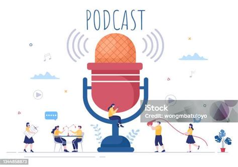 팟캐스트 배경 벡터 일러스트 는 헤드셋을 사용하여 오디오를 녹음하는 사람들 사운드 녹음 장비 및 마이크 개념으로 게스트 인터뷰 또는 온라인 쇼를 호스트합니다 공연에 대한