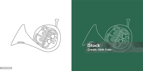 프렌치 혼 라인 드로잉 만화 스타일 금관 악기 프렌치 호른 클립 아트는 흰색과 칠판 배경에 분리된 선형 스타일로 그려져 있습니다 악기 클립아트 개념 벡터 디자인