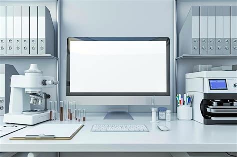 Premium Photo Doctor Or Scientist Office Desk With Computer File Storage Test Tubes Clipboard