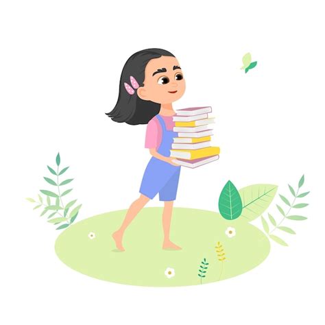 Petite Fille Intelligente Avec Pile De Livres Concept D auto éducation Illustration Vectorielle
